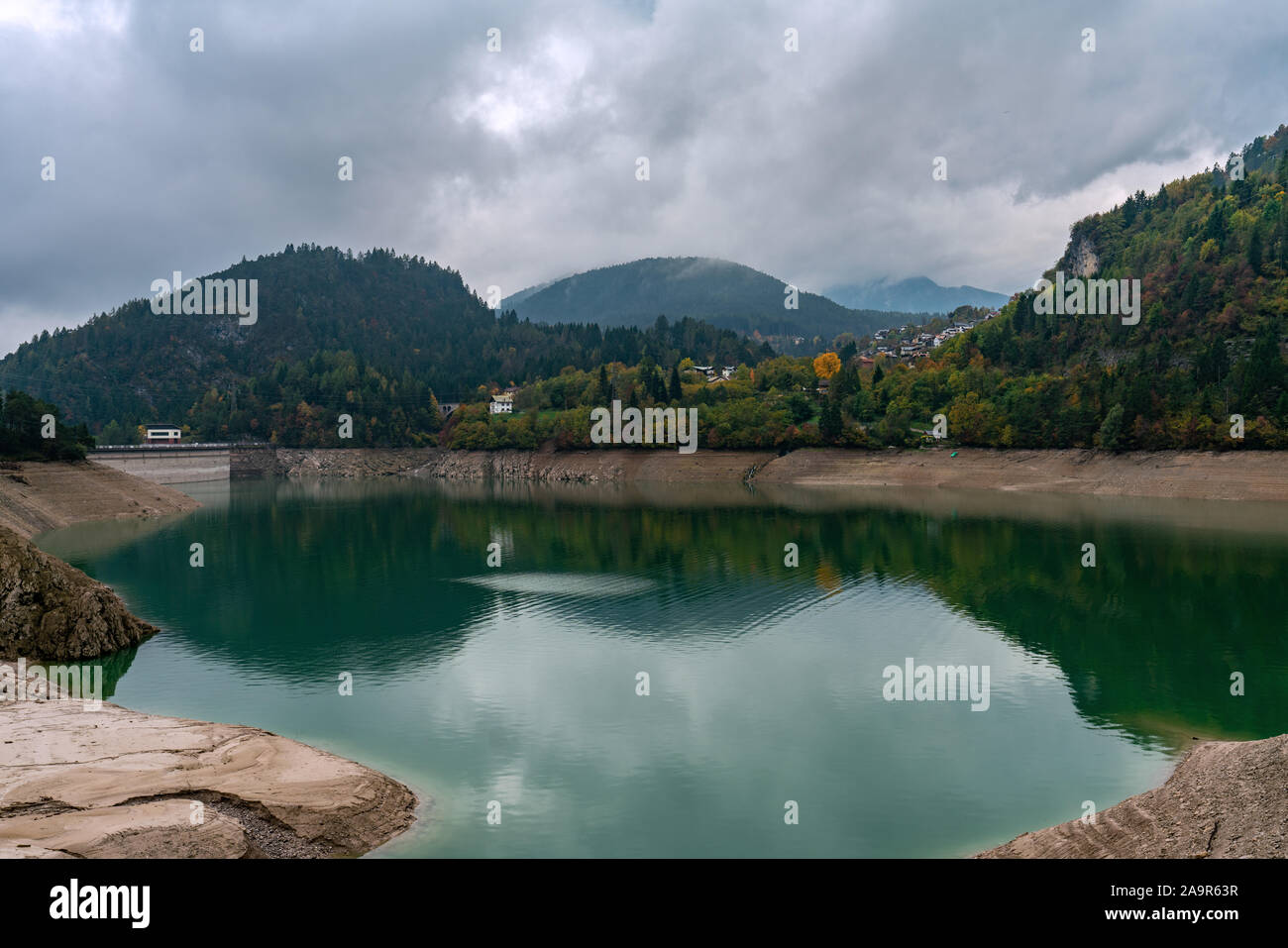 Panoramic view of the Lago di Cadore reservoir lake near Piave di ...