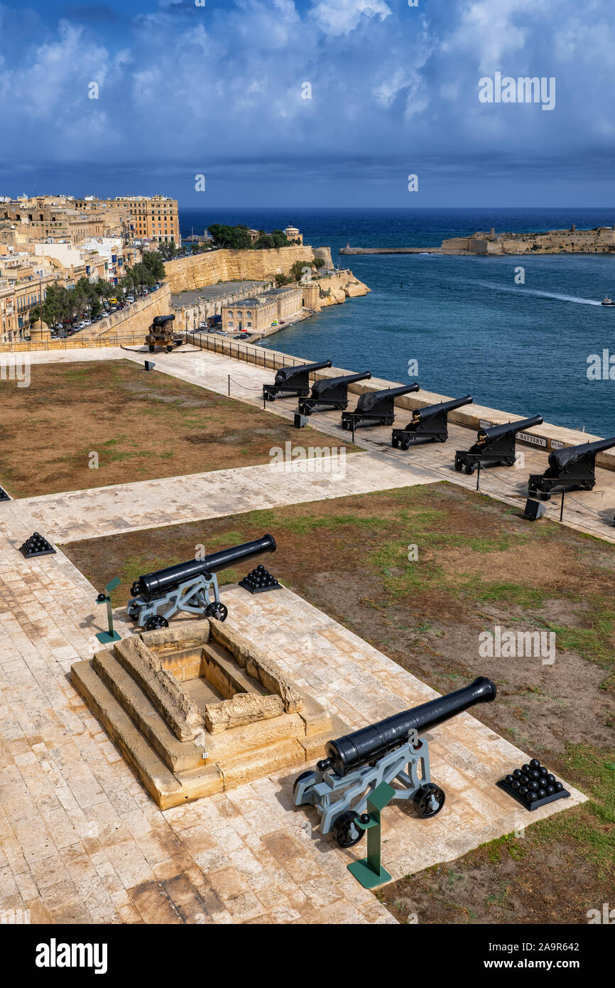 Saluting Battery in Valletta city, Malta, artillery cannons protecting ...