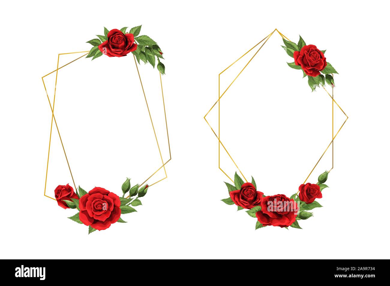 Wedding invtation card design template. Red rose flowers with golden ...