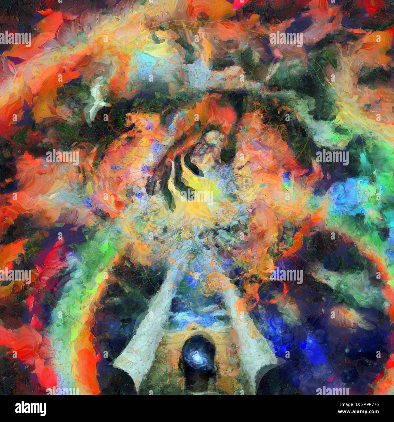 Surreal painting. Hand of God in colorful sky. Man with galaxy inside ...