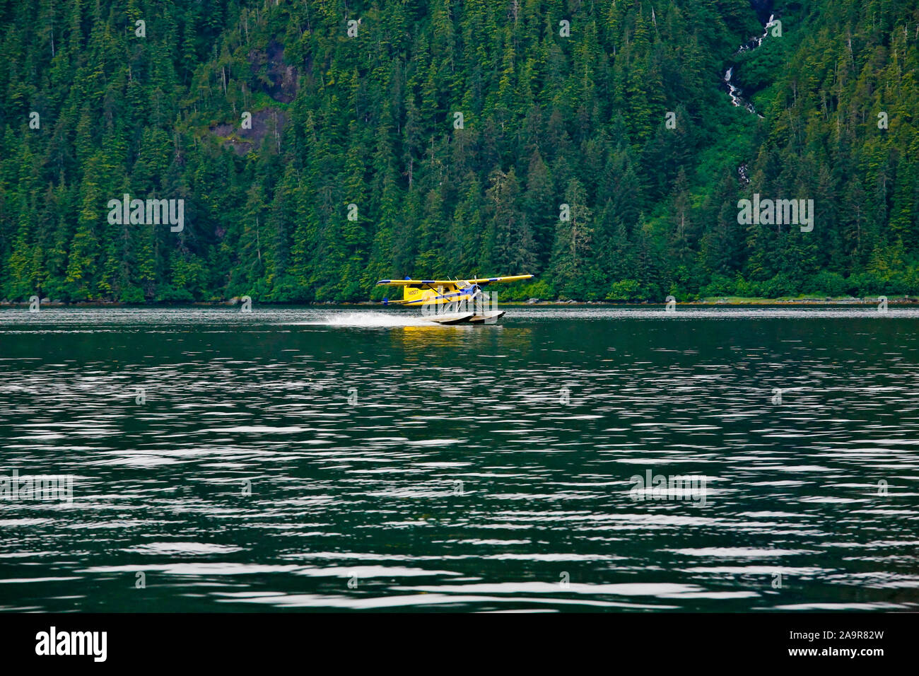 Bright yellow sea plane lands on Lisianski Inlet at Pelican Harbor, AK ...