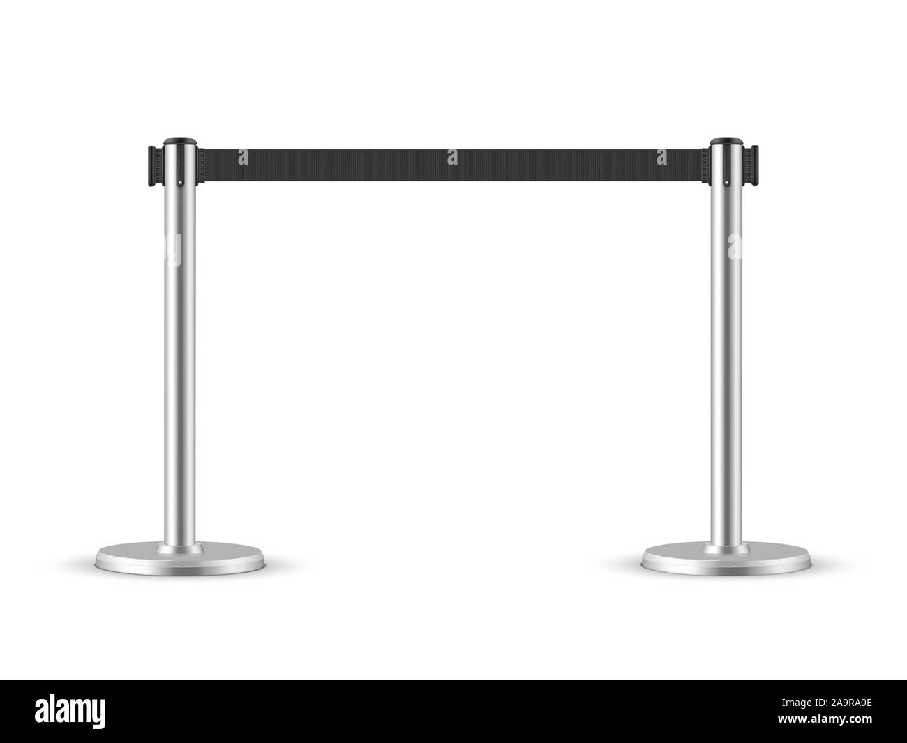 Retractable belt stanchion. Portable ribbon barrier. black fencing tape ...