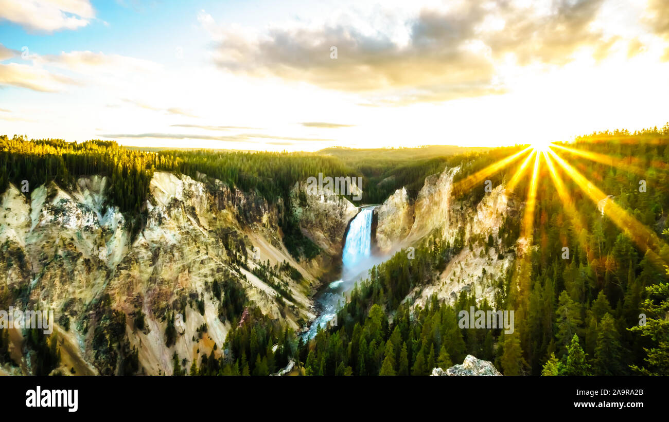Sunset over the Upper Falls in the Grand Canyon of the Yellowstone ...