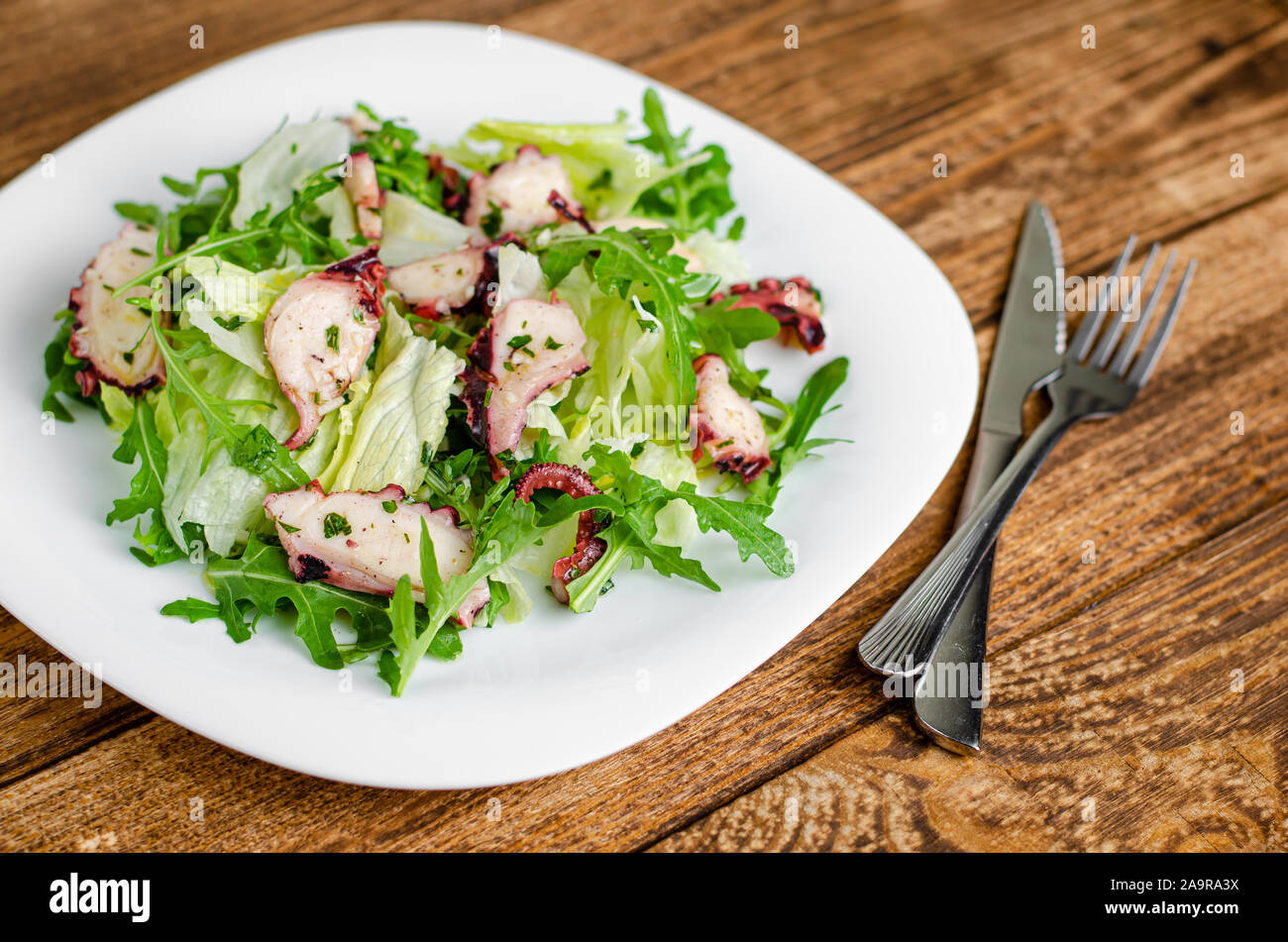 Seafood appetizer. Octopus salad on wooden background. Mediterranean ...