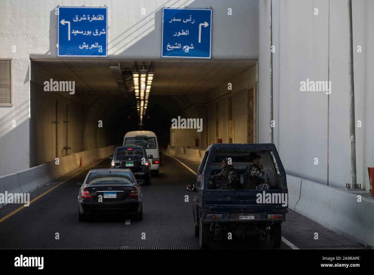 Ismailia, Egypt. 17th Nov, 2019. Cars drive inside the new Ismailia motorway tunnels during a ...
