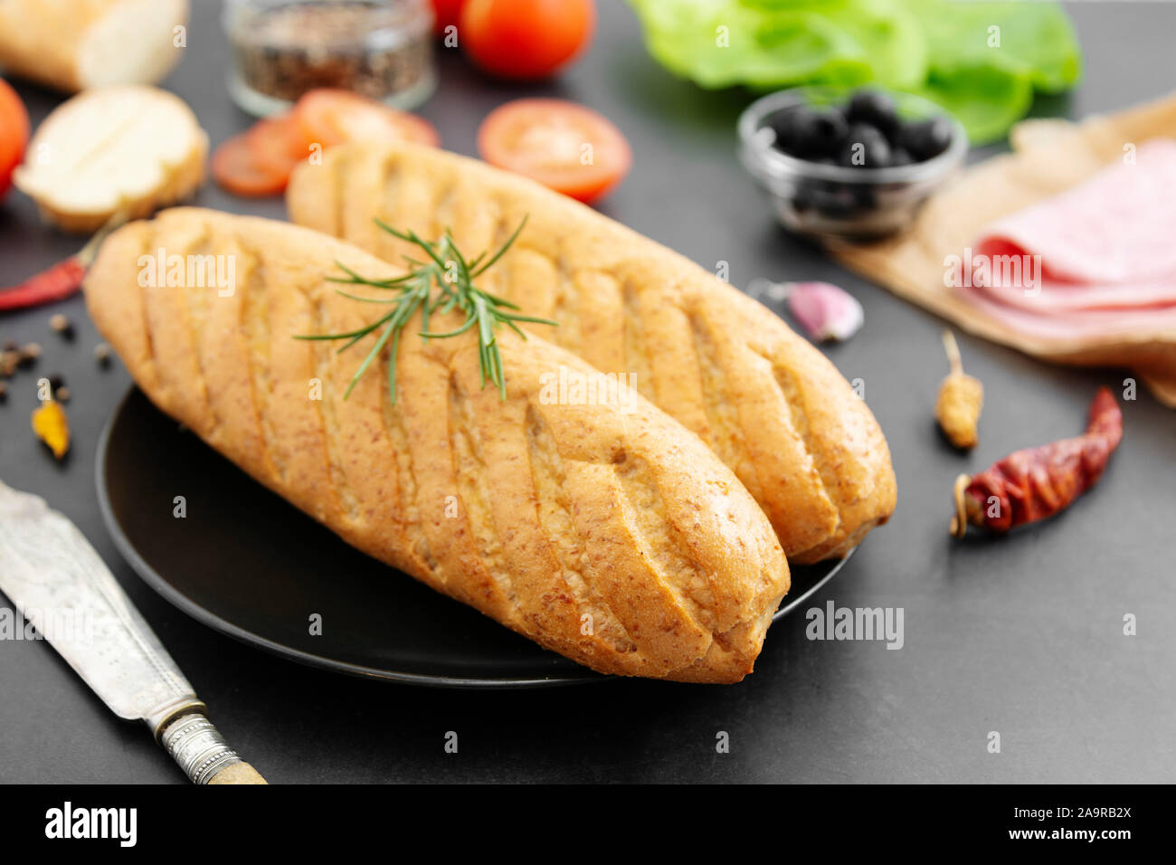 Long Baguette bread close up, bread and food ingredients for sandwich ...
