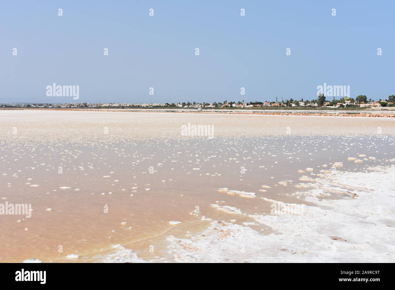 Pink salt lake at the Torrevieja salt works, Torrevieja, Alicante ...