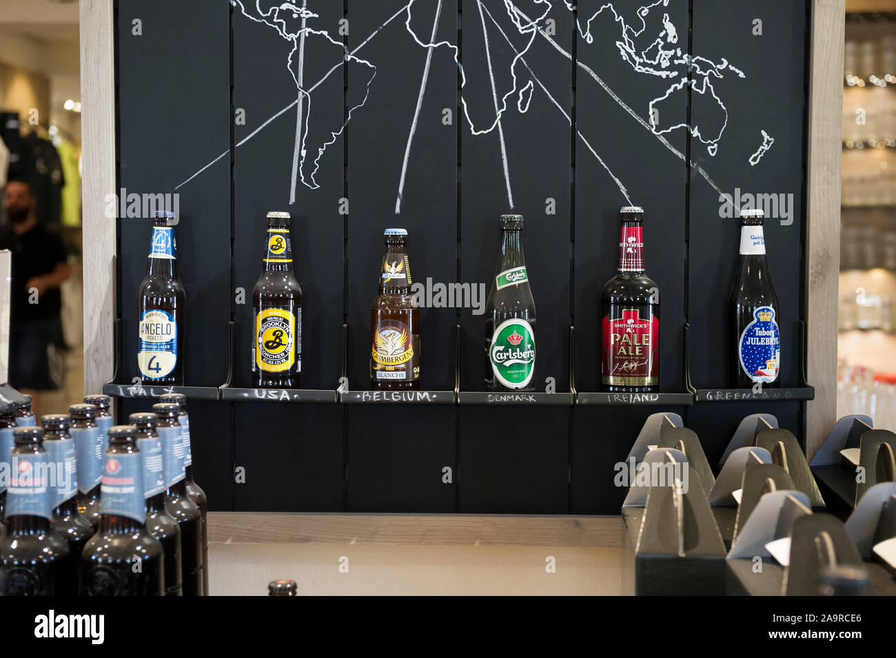A selection of beer bottles in the brewery shop at the Carlsberg ...