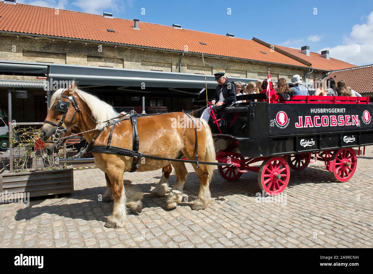 Visitors in a horse drawn cart at the Carlsberg Brewery, Copenhagen ...