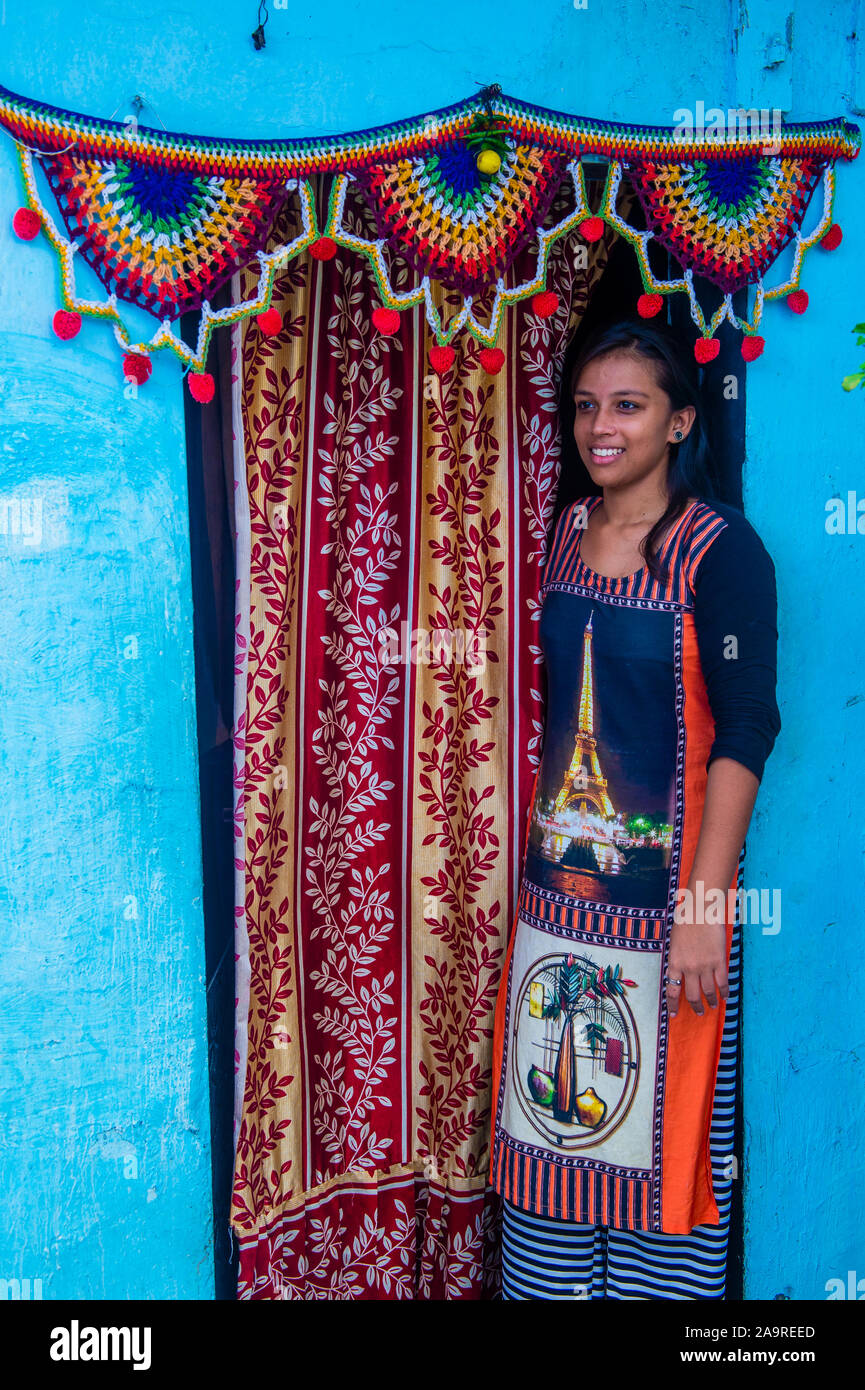 Portrait of an Indian woman in Asalfa neighbourhood in Ghatkopar, a ...