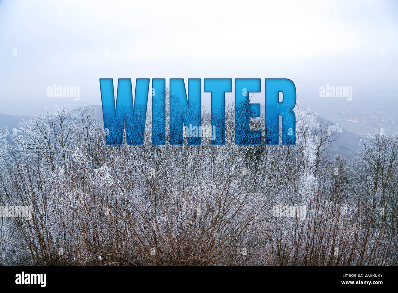 WInter word with snowy countryside landscape in the background Stock ...