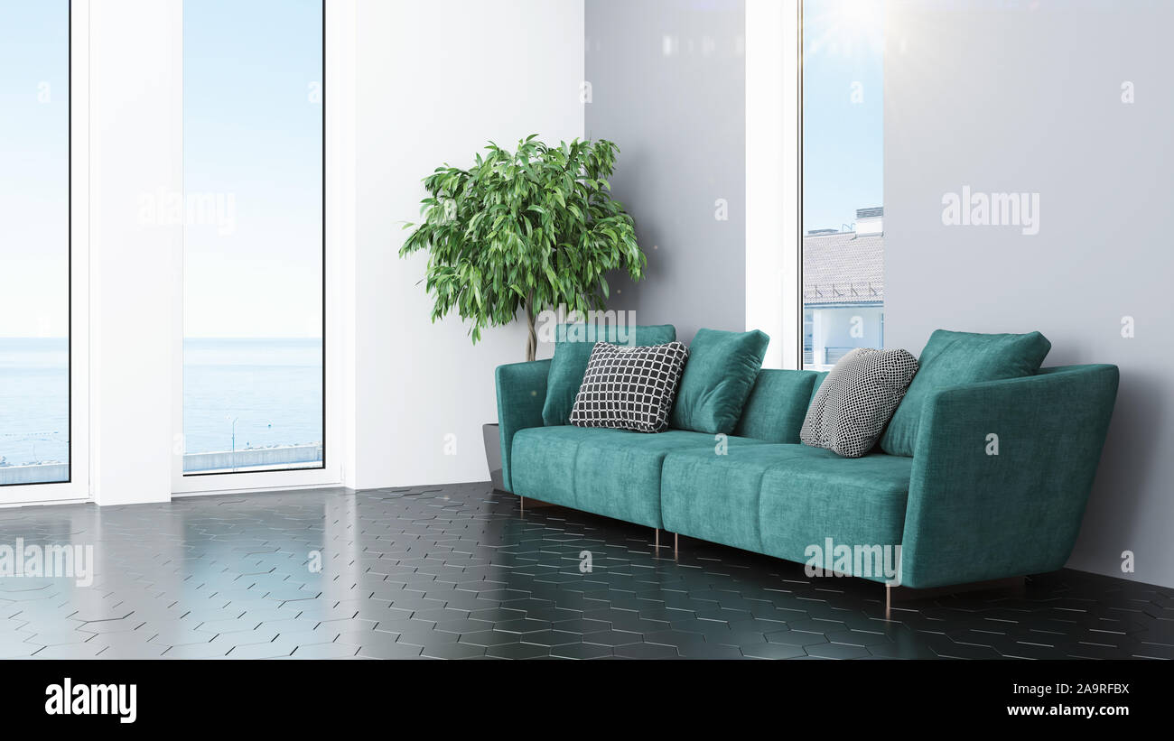 Modern design living room interior with beautiful view . 3D rendering ...