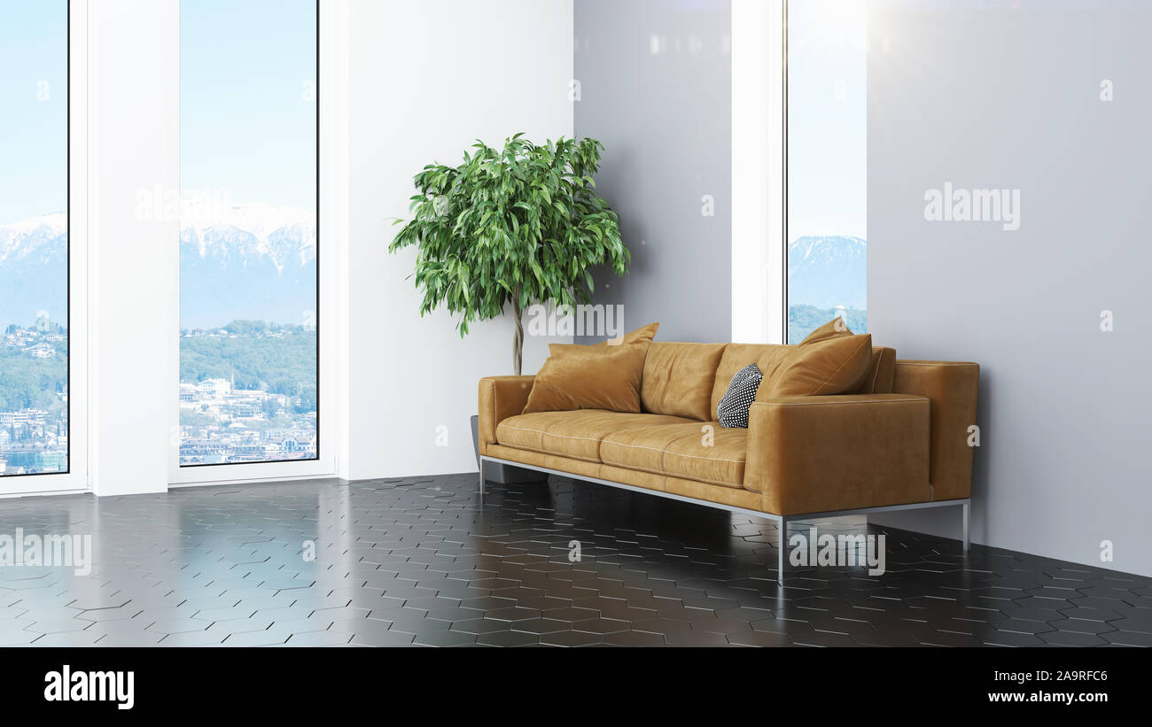 Modern design living room interior with beautiful view . 3D rendering ...