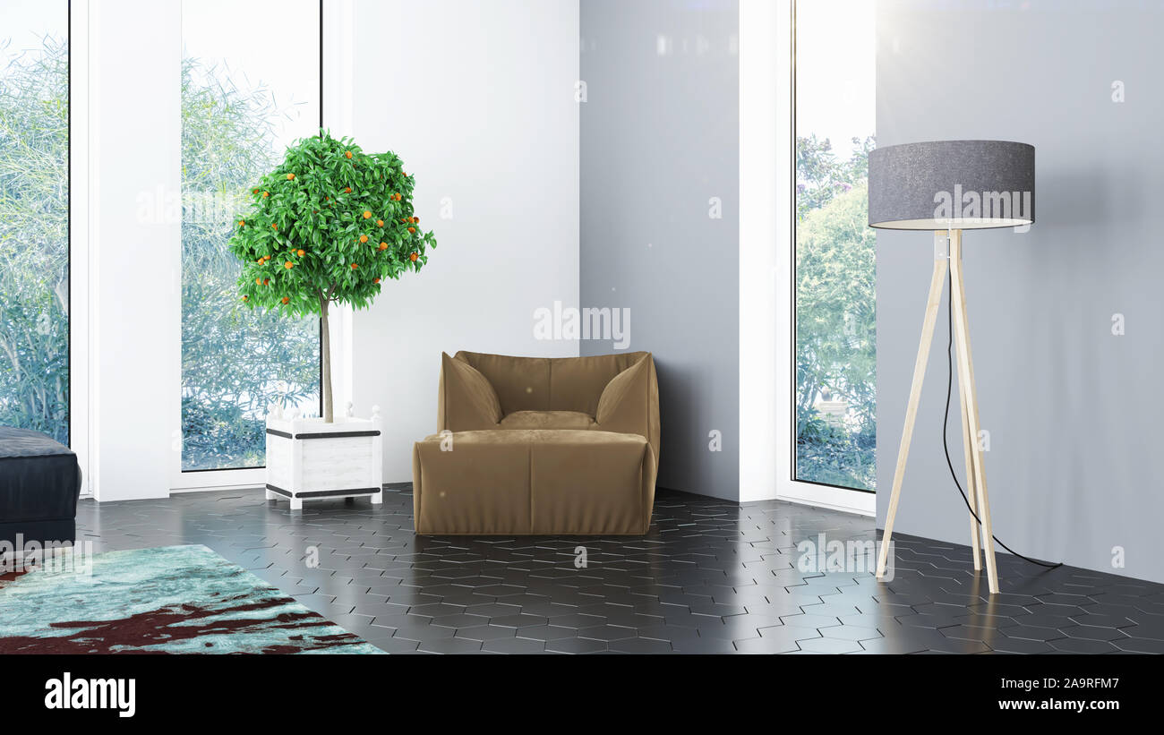 Modern design living room interior with beautiful view . 3D rendering ...