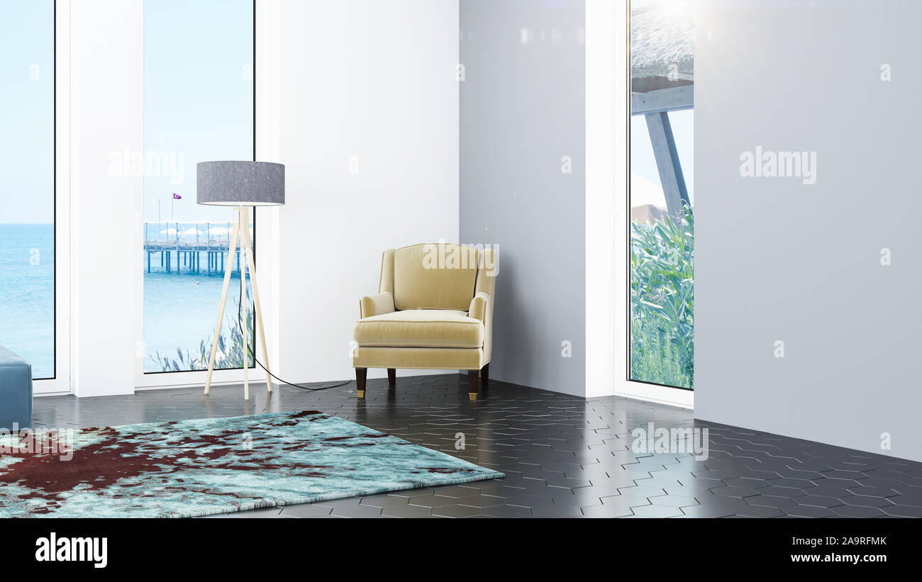 Modern design living room interior with beautiful view . 3D rendering ...