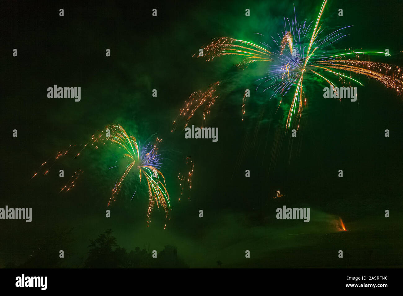 Beautiful color games of multi - color fireworks over trees silhouette ...