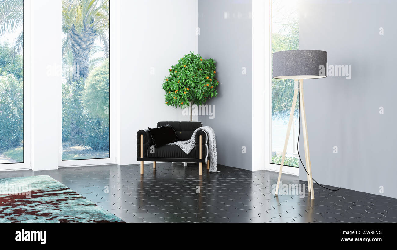 Modern design living room interior with beautiful view . 3D rendering ...