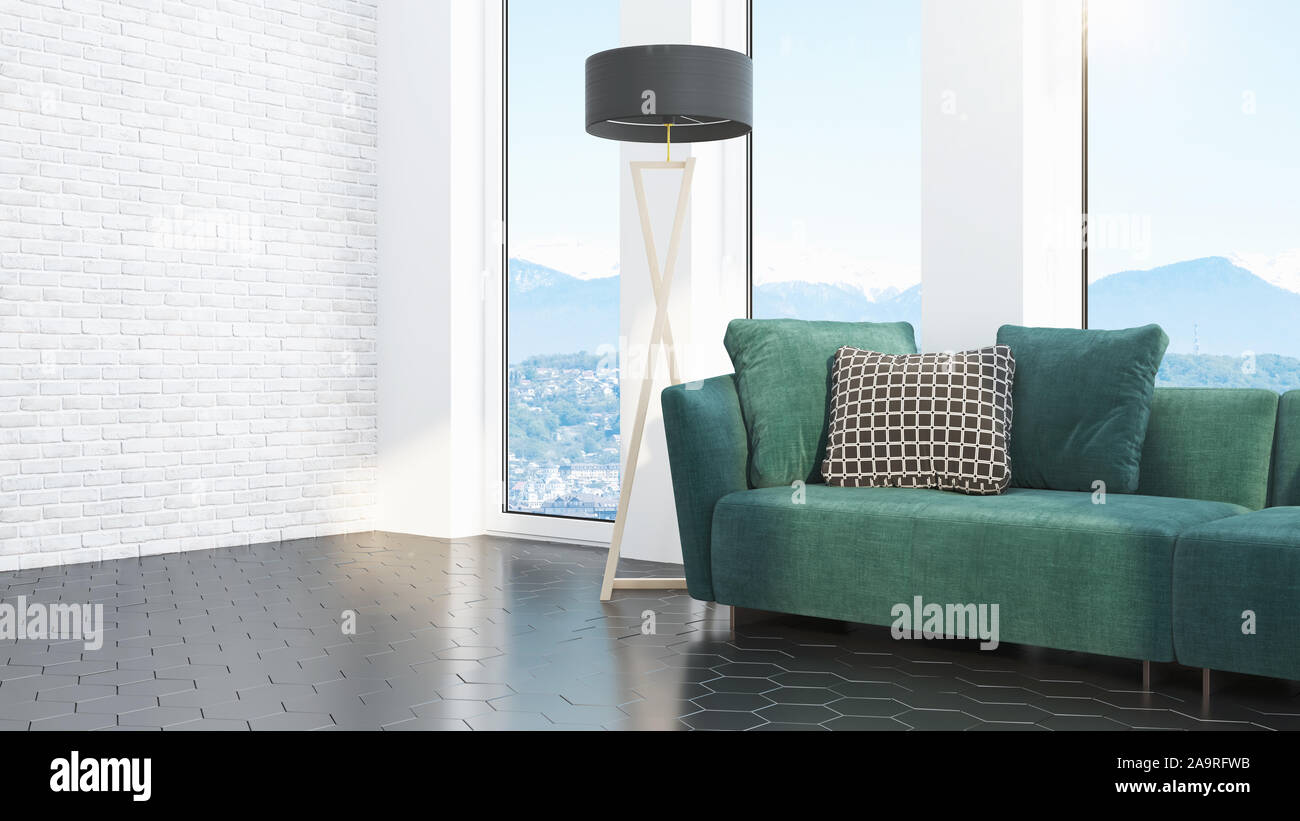 Modern design living room interior with beautiful view . 3D rendering ...