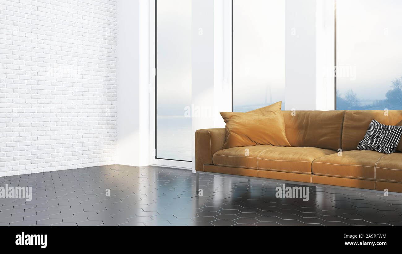 Modern design living room interior with beautiful view . 3D rendering ...