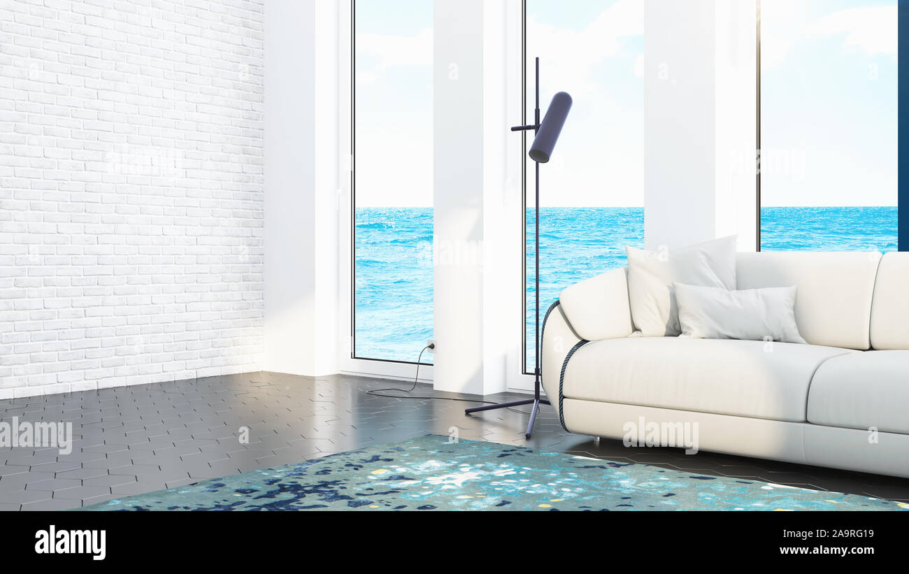 Modern design living room interior with beautiful view . 3D rendering ...