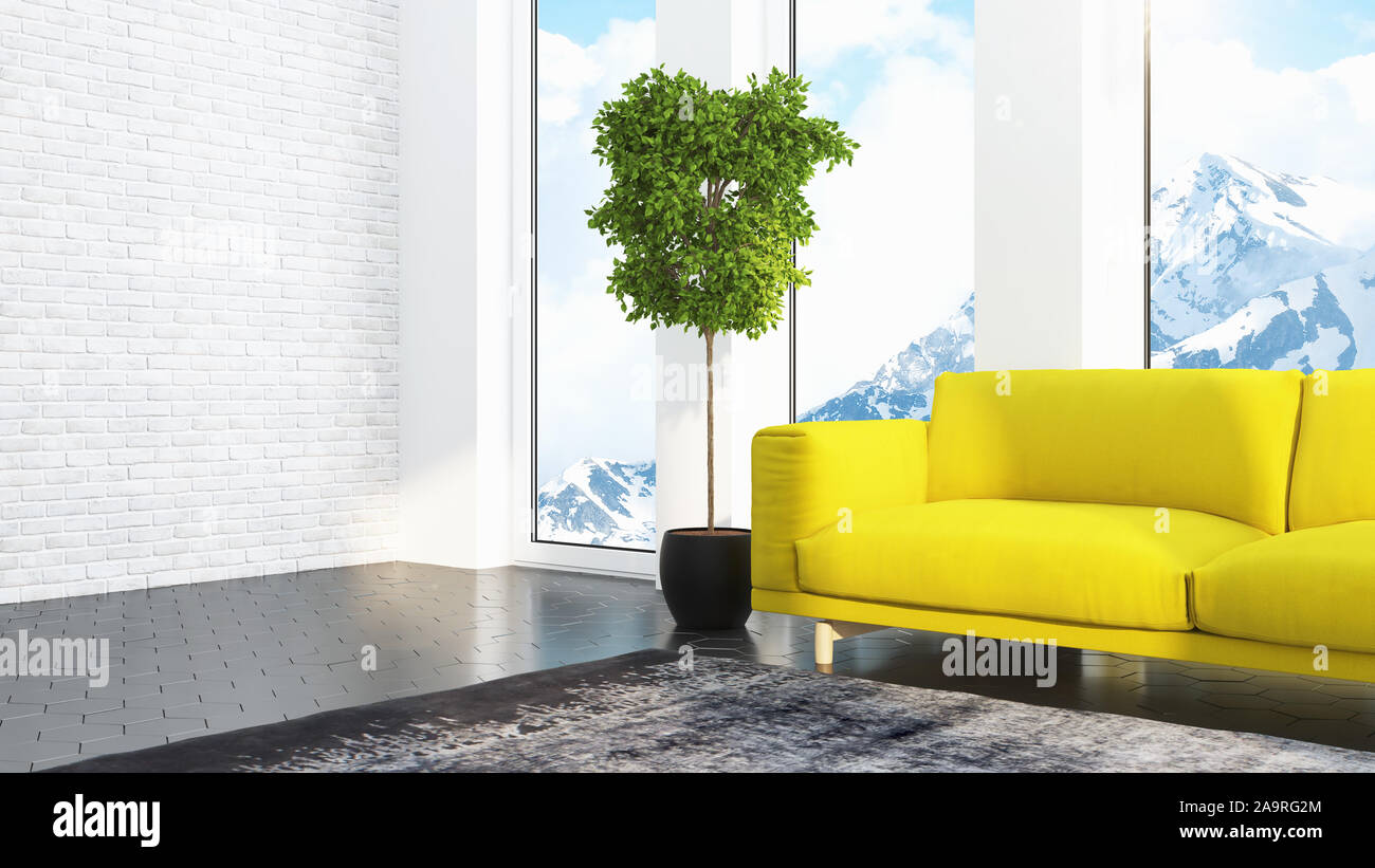 Modern design living room interior with beautiful view . 3D rendering ...