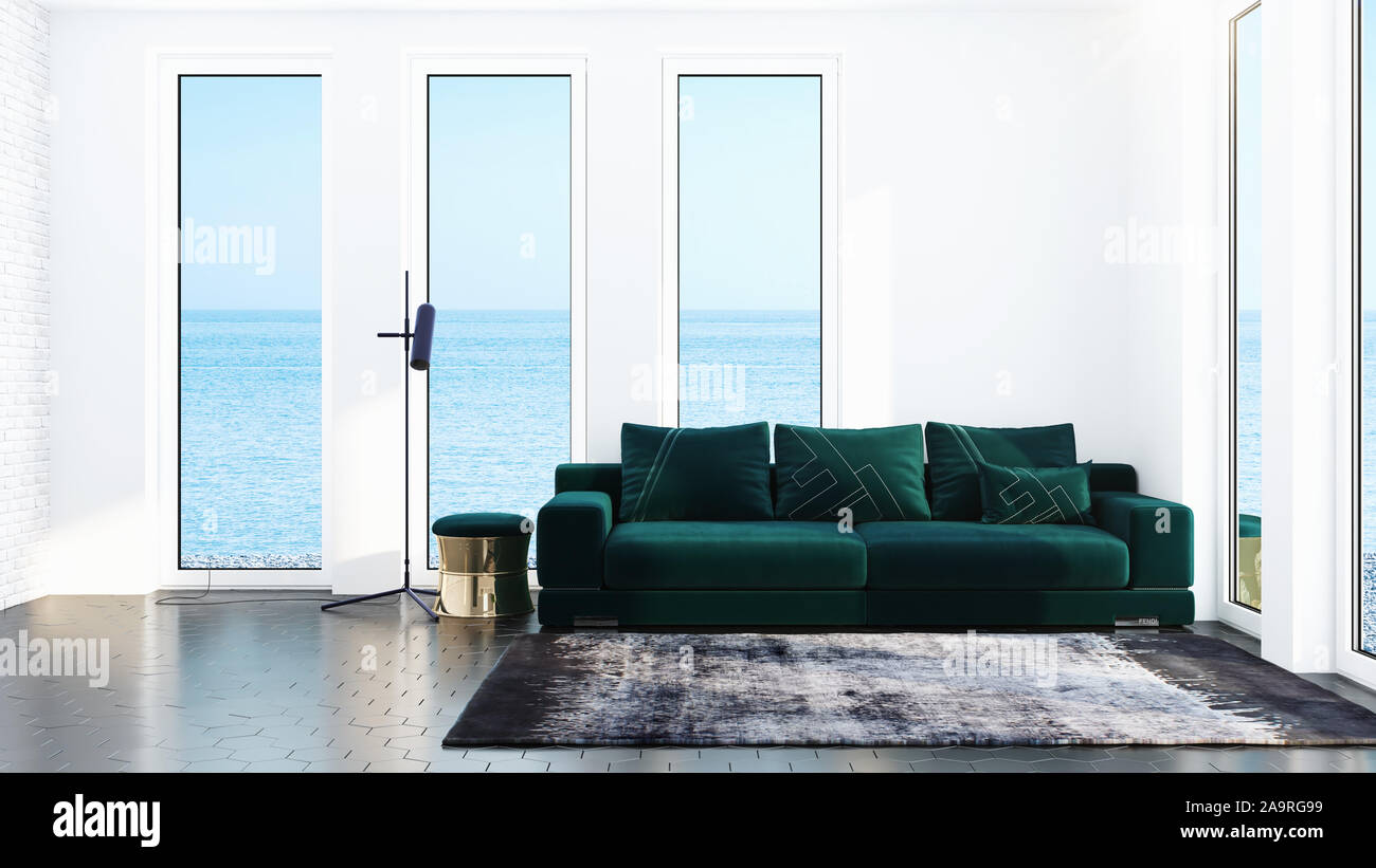 Modern design living room interior with beautiful view . 3D rendering ...