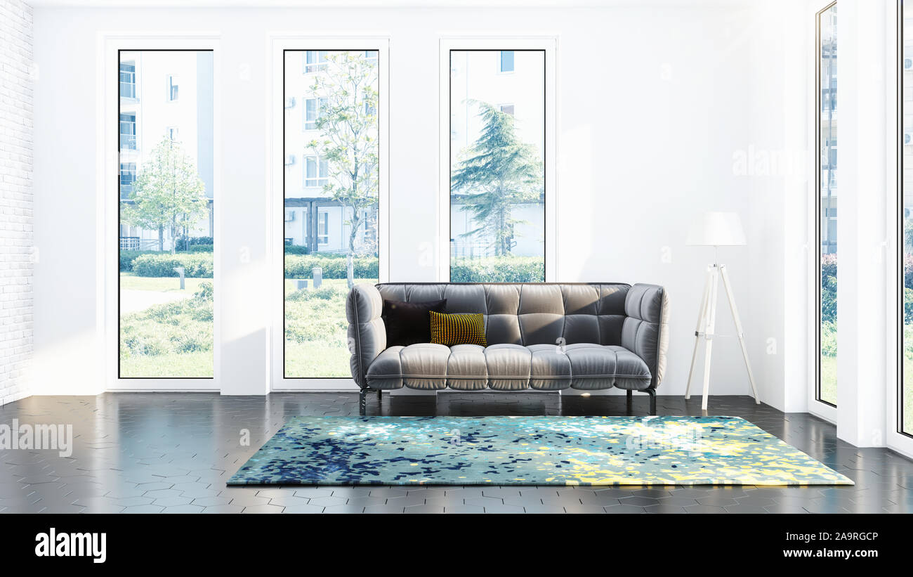 Modern design living room interior with beautiful view . 3D rendering ...