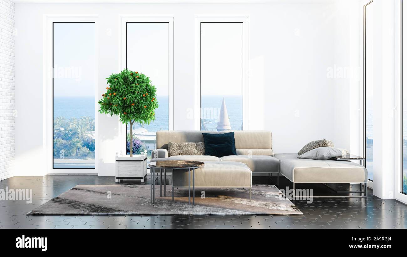 Modern design living room interior with beautiful view . 3D rendering ...
