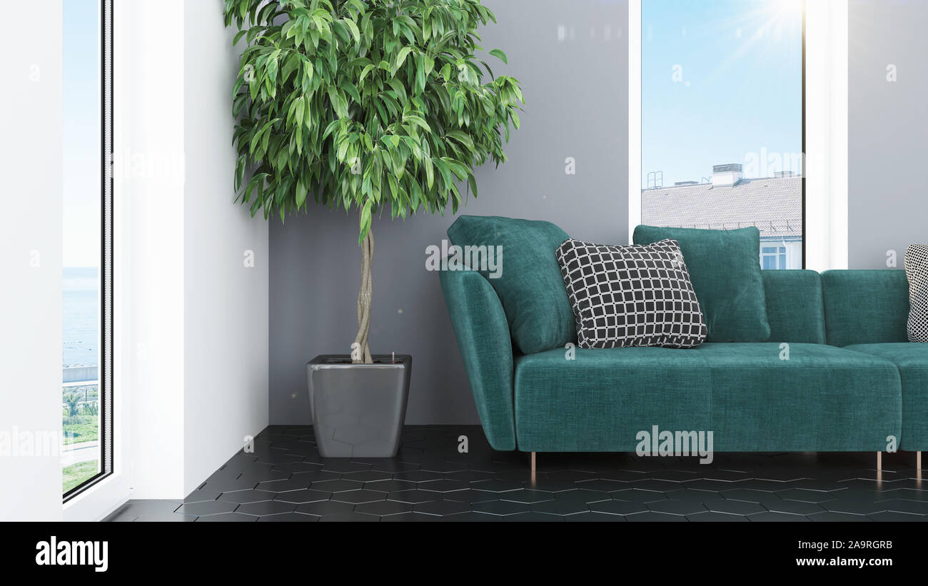 Modern design living room interior with beautiful view . 3D rendering ...