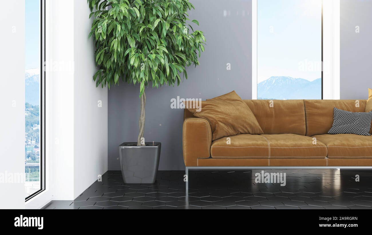 Modern design living room interior with beautiful view . 3D rendering ...