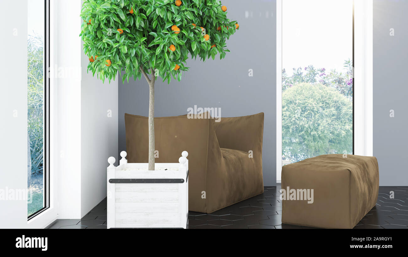 Modern design living room interior with beautiful view . 3D rendering ...