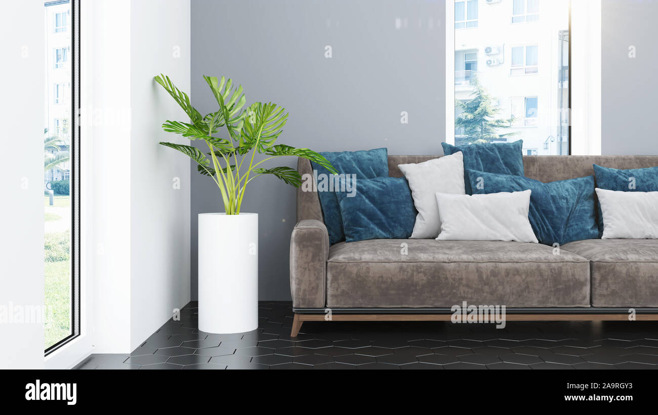 Modern design living room interior with beautiful view . 3D rendering ...