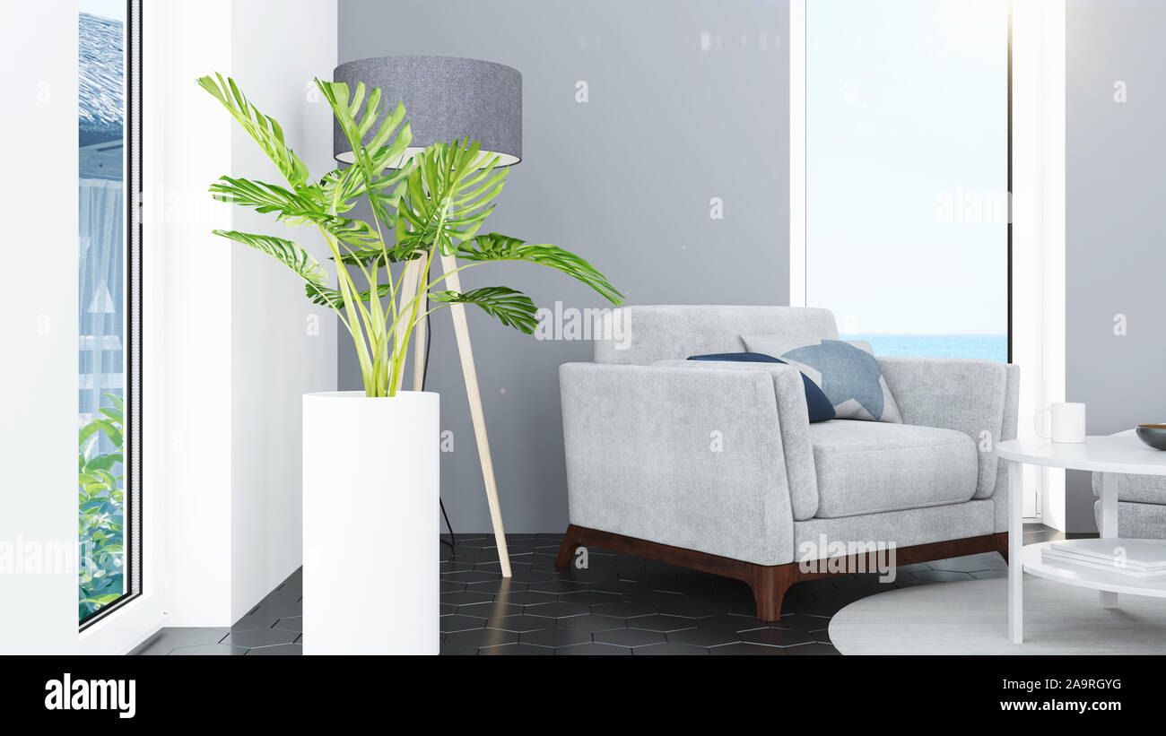 Modern design living room interior with beautiful view . 3D rendering ...