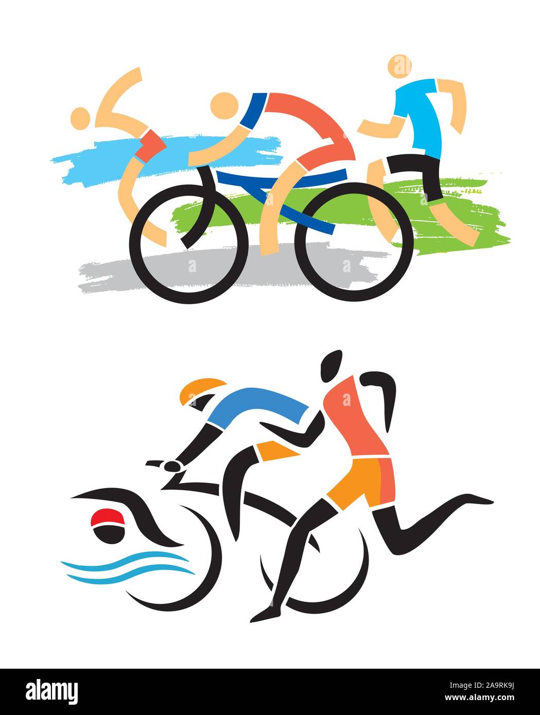 Triathlon Racers, Runner,cyclist, swimmer icon. Two Stylized ...