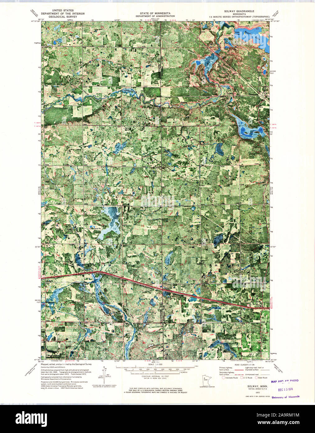 USGS TOPO Map MInnesota MN Solway 505860 1972 24000 Restoration Stock ...