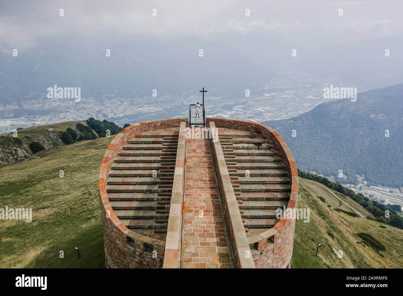 Aerial drone shot of cross of Chapel Santa Maria degli Angeli on Monte ...