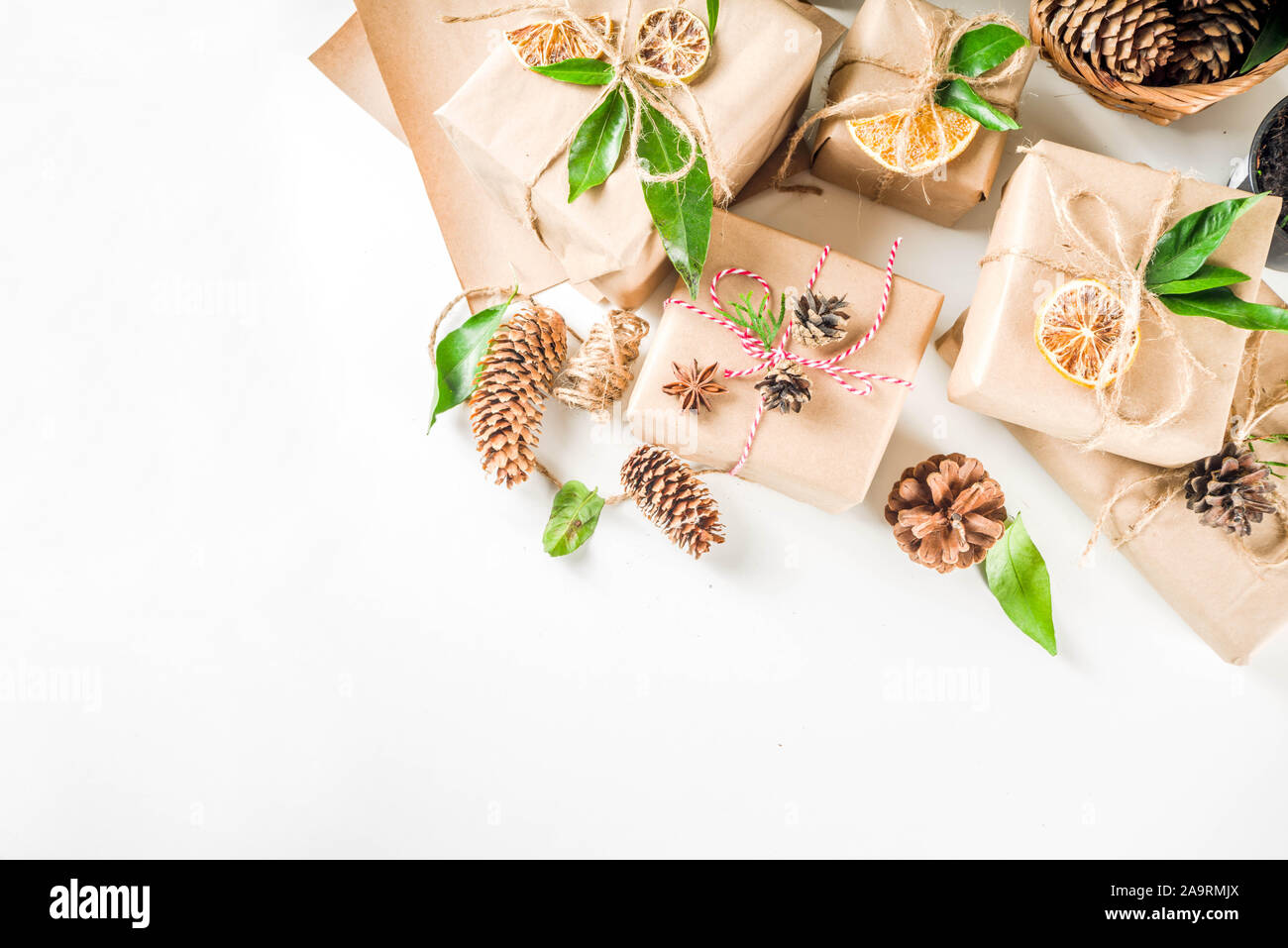Collection of christmas gift boxes with natural rustic decorations ...