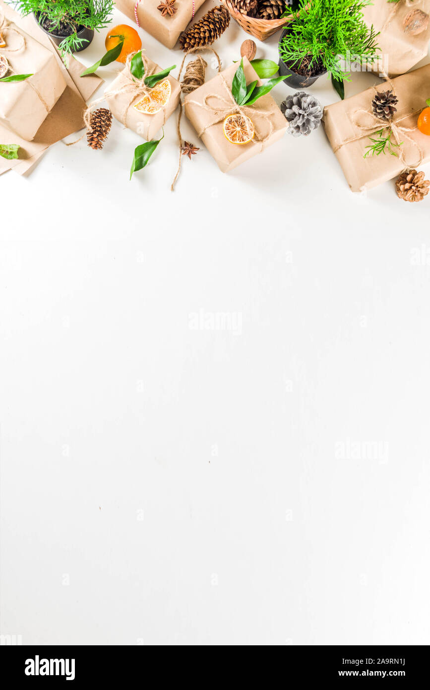 Collection of christmas gift boxes with natural rustic decorations ...