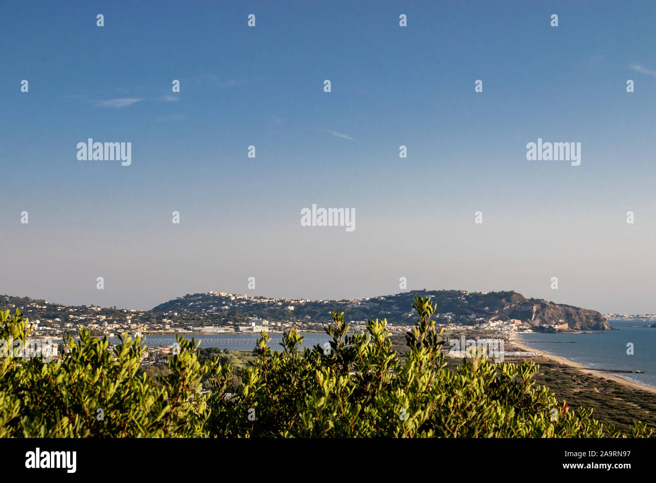Bacoli, Italy August 14, 2019. A view of the beach overlooking Procida ...
