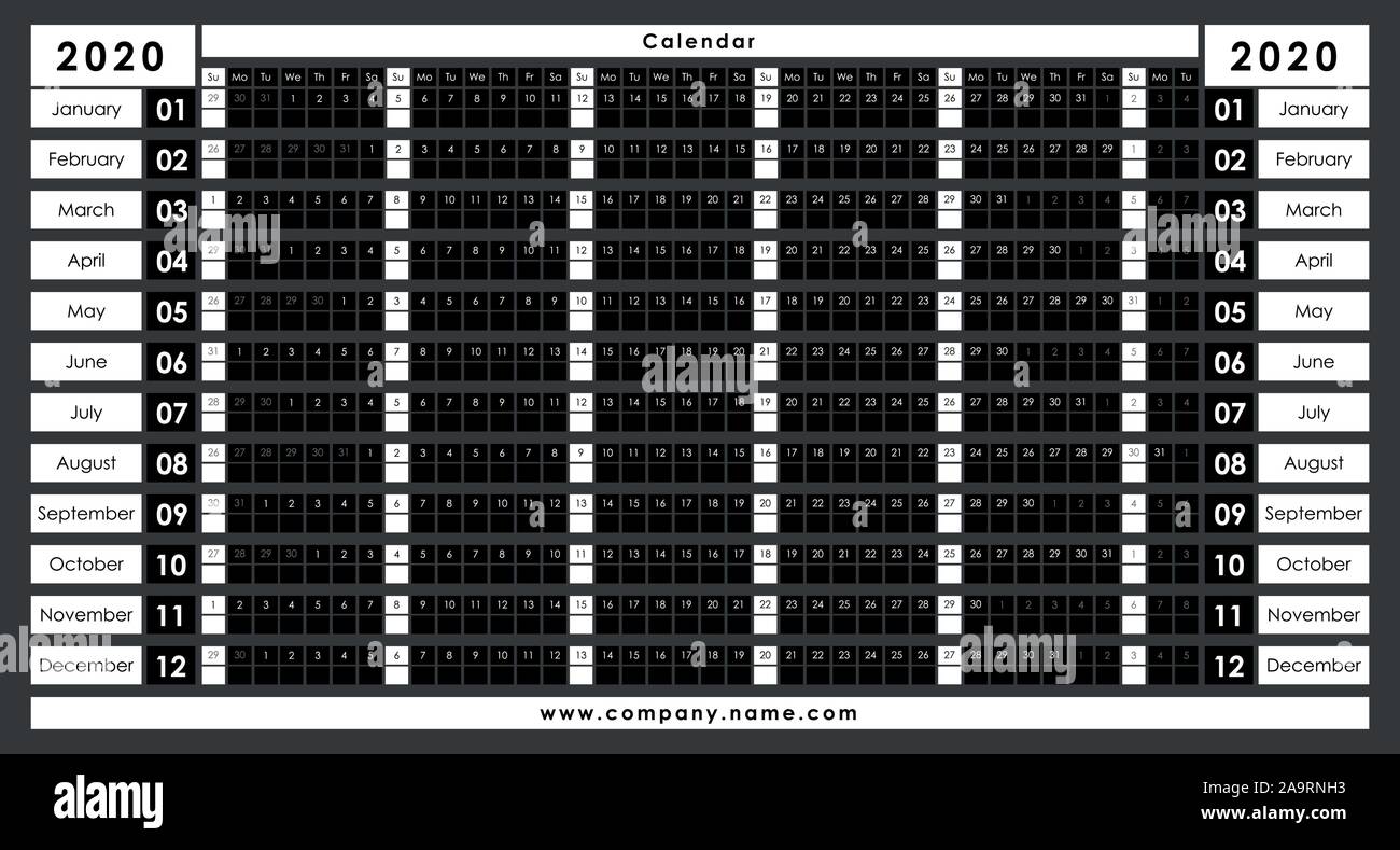 Linear calendar 2020. Black and white design. Horizontal grid with ...