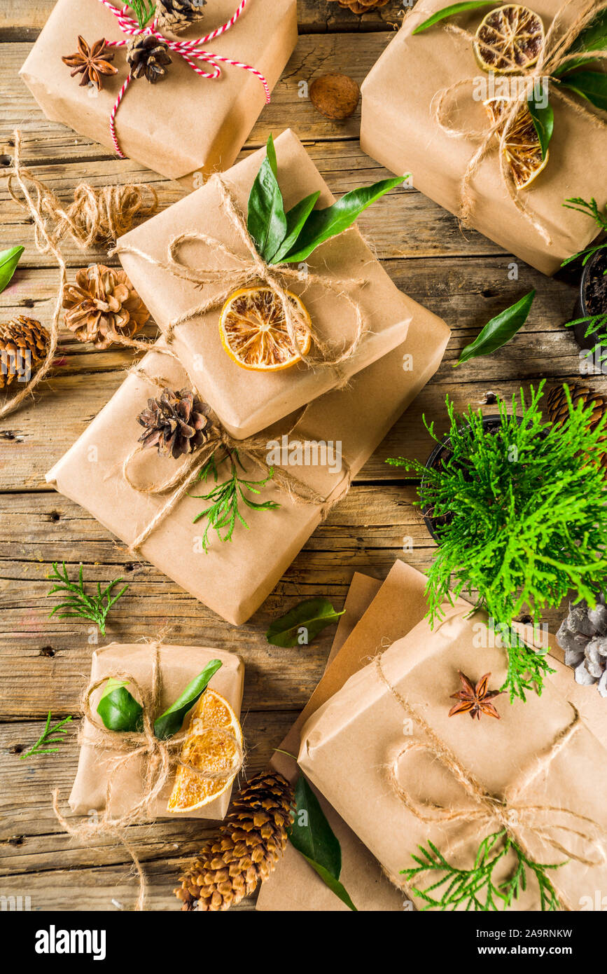 Collection of christmas gift boxes with natural rustic decorations ...