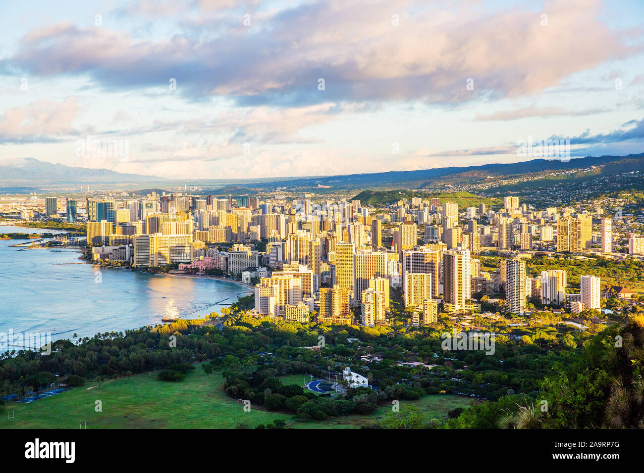 picture with a view of Honolulu at sunrise, Oahu, Hawaii Stock Photo ...