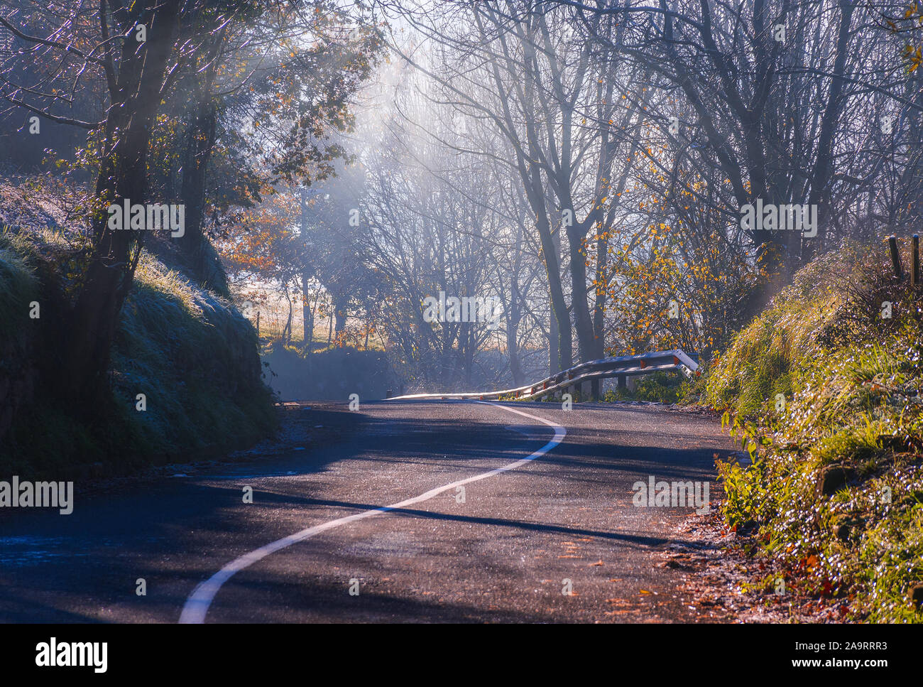 a scene of a frosting morning in Axpe town, Basque Country Stock Photo ...
