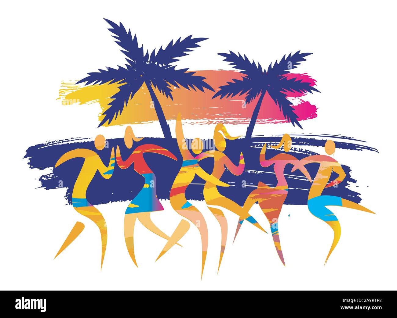 Beach disco party at sunset. Expressive, abstract stylized illustration ...