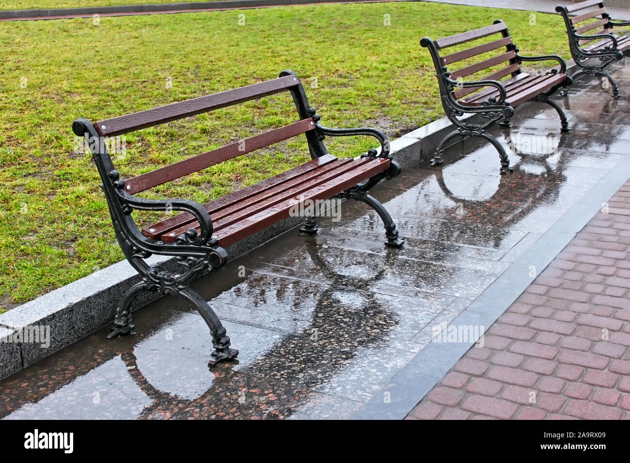 Row of wet benches after the rain in the city square in Lviv, Ukraine ...