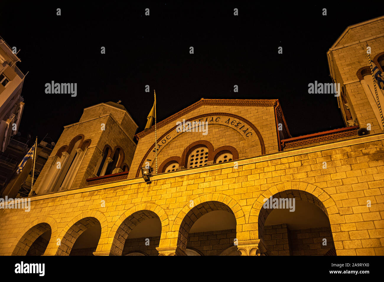 The Holy Church of Panagia Dexia in the center of Thessaloniki city, Greece illuminated at night ...