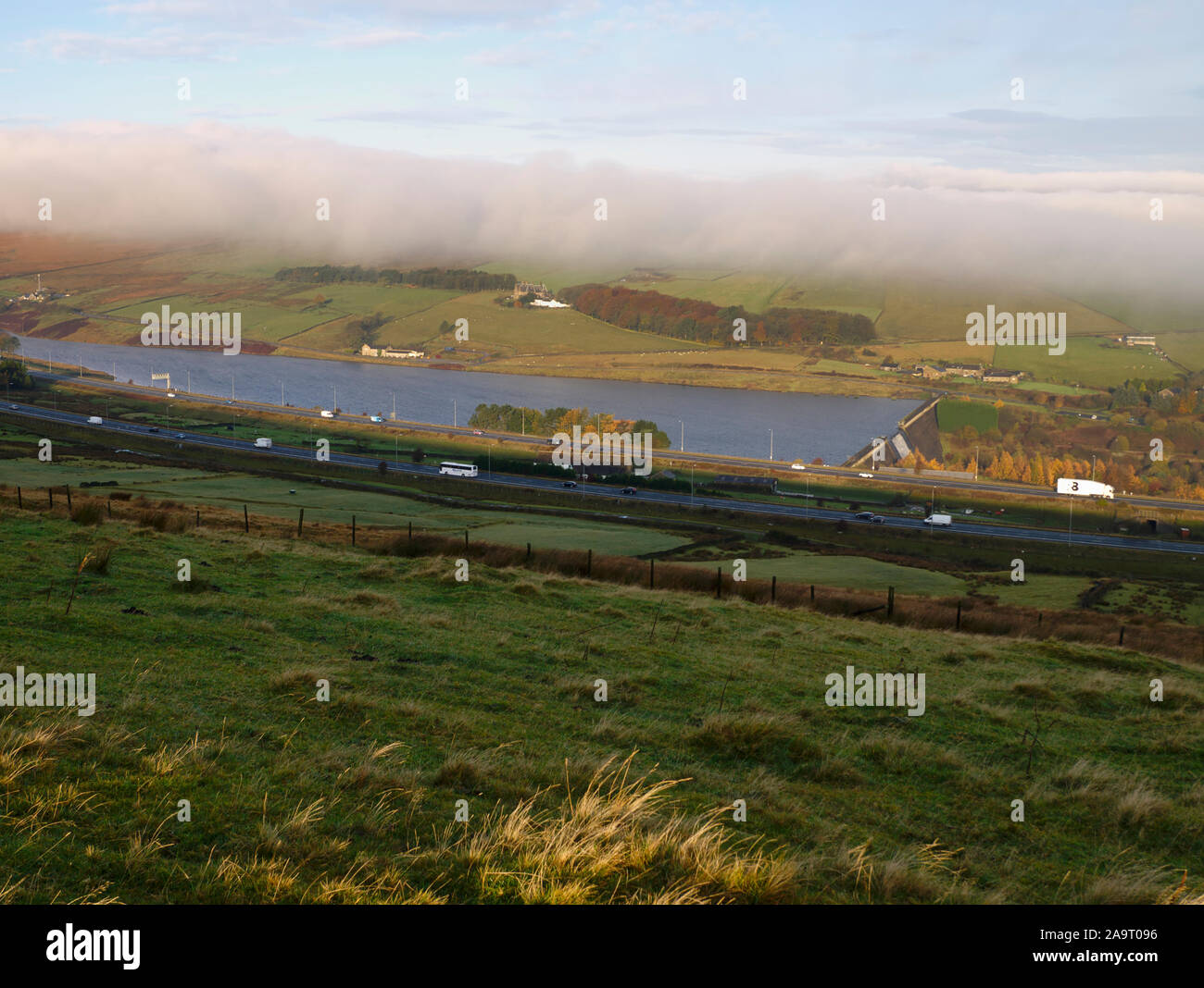 Stott Hall Farm, Booth Wood Reservoir & M62 in the mist fog from B6114 ...