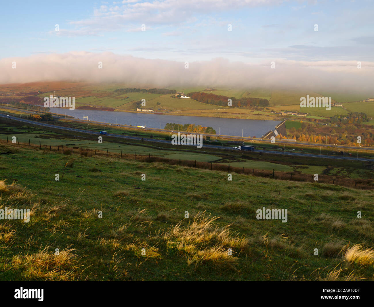 Stott Hall Farm, Booth Wood Reservoir & M62 in the mist fog from B6114 ...