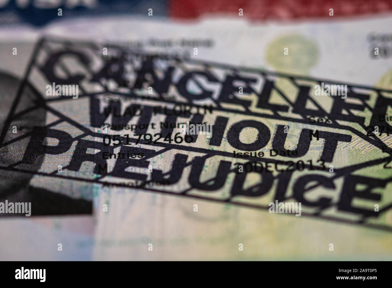 US visa cancelled without prejudice stamp on the passport Stock Photo ...