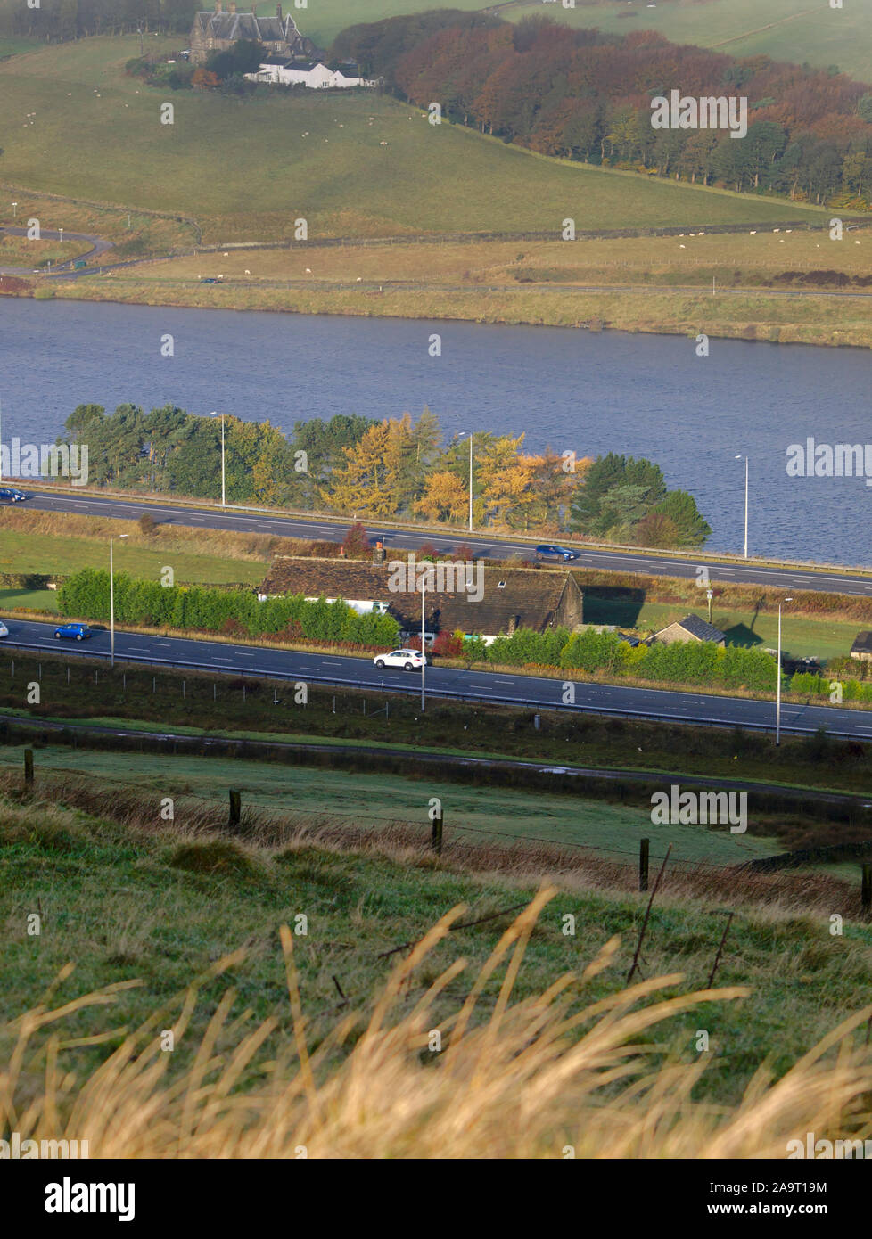 Stott Hall Farm, Booth Wood Reservoir & M62 in the mist fog from B6114 ...